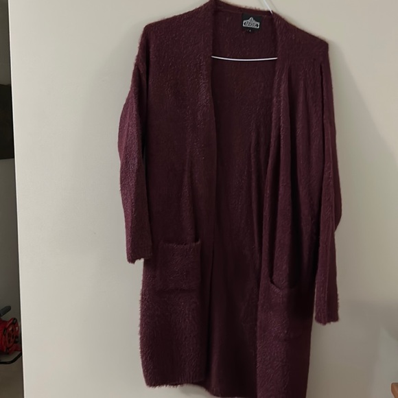Angie | Sweaters | Angie Cranberry Fuzzy Long Cardigan With Pockets ...